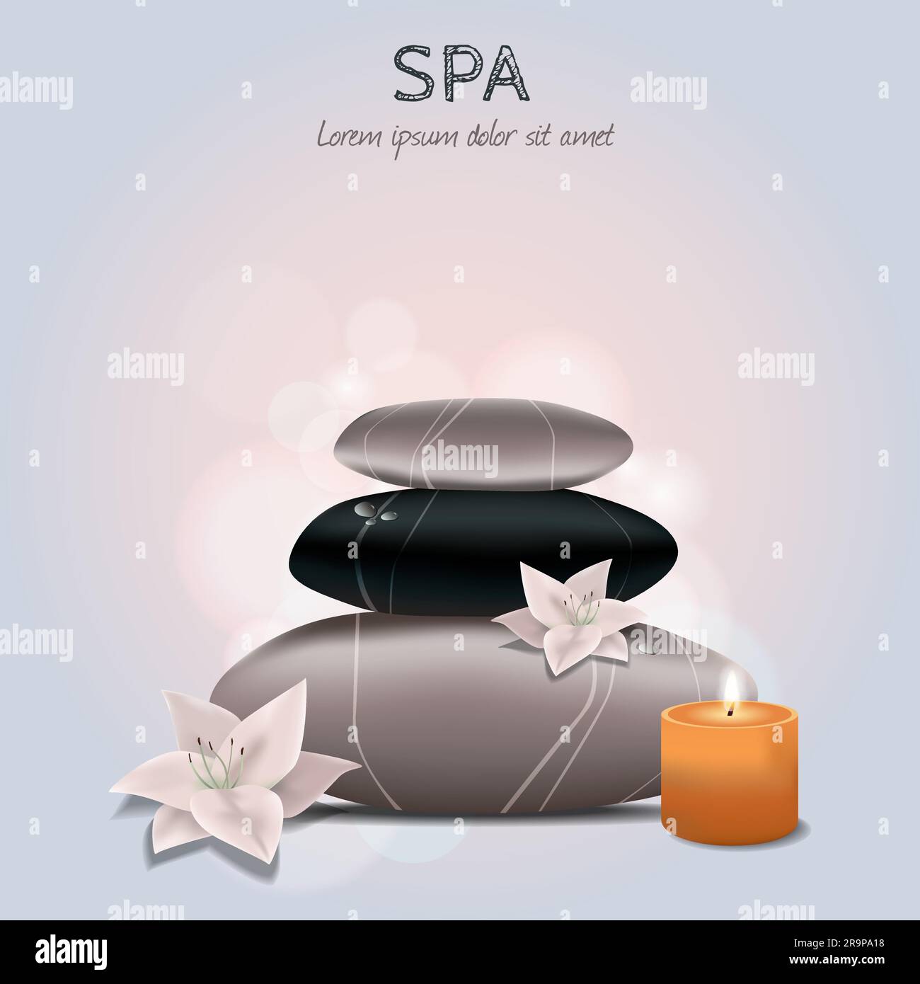Vector colorful illustration of spa with flowers, candle and stones ...