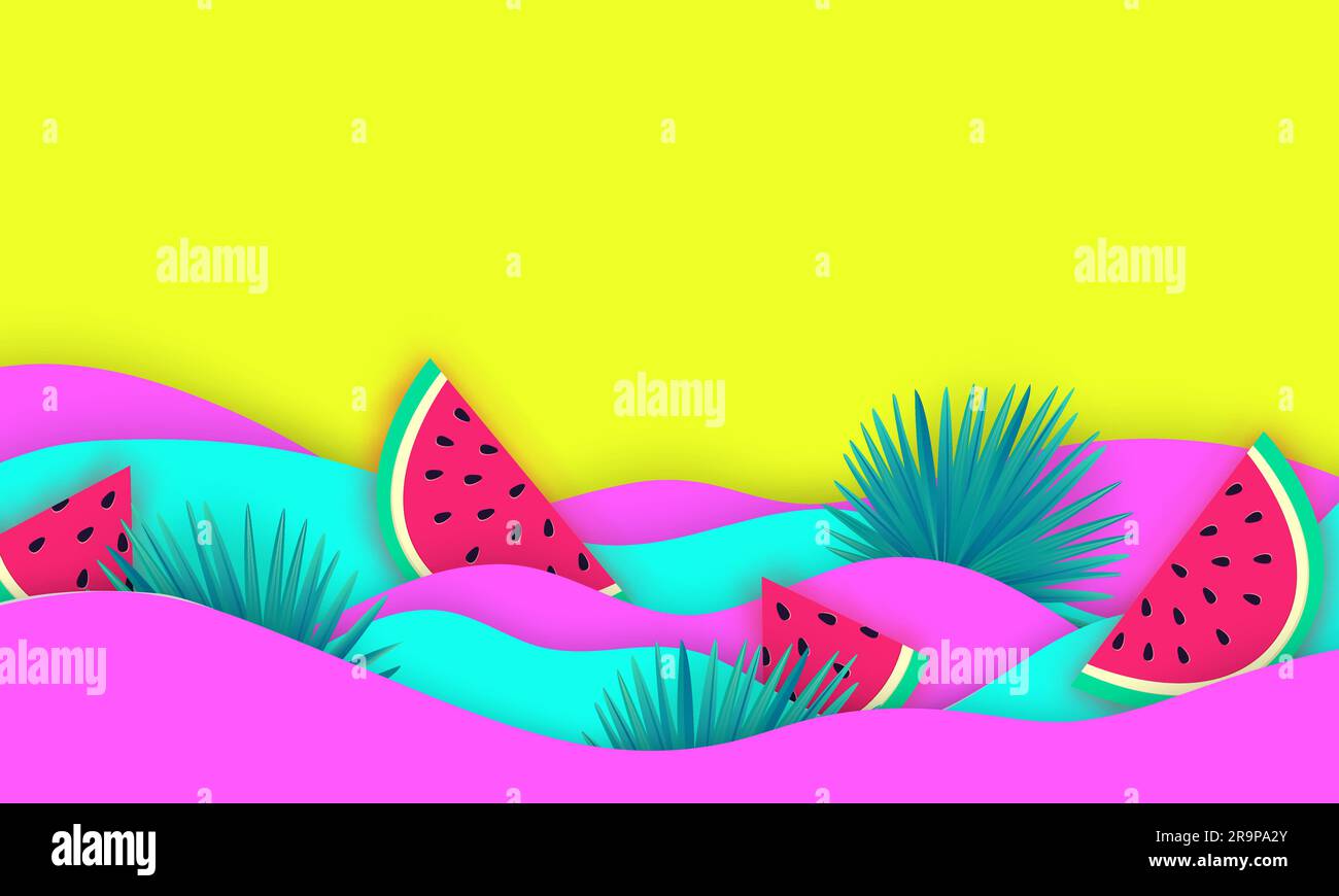 Vector abstract wavy summer paper cut background with watermelons and ...