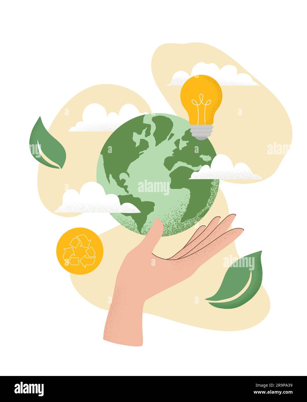 Vector illustration of human hand holding Earth globe, Recycle icon ...