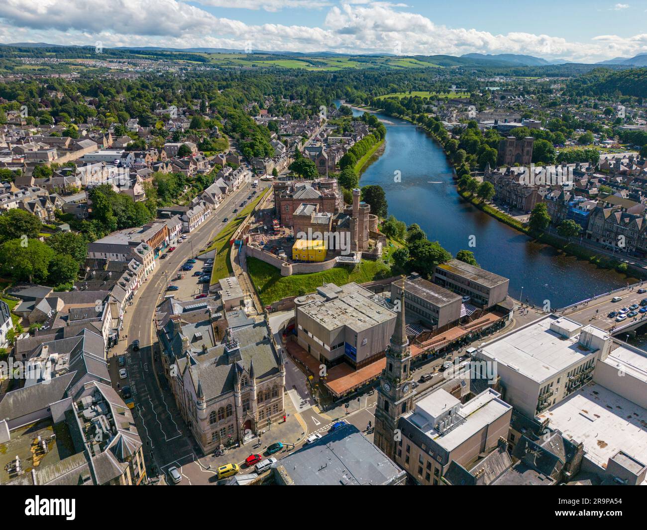 Aerial drone photo of the town centre and churches in Inverness next to ...