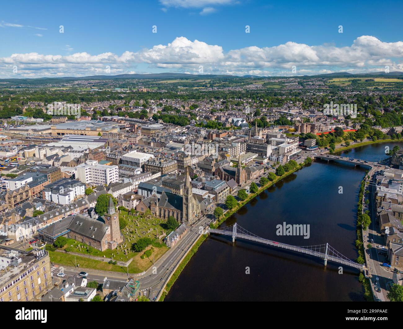 Aerial drone photo of the town centre and churches in Inverness next to ...