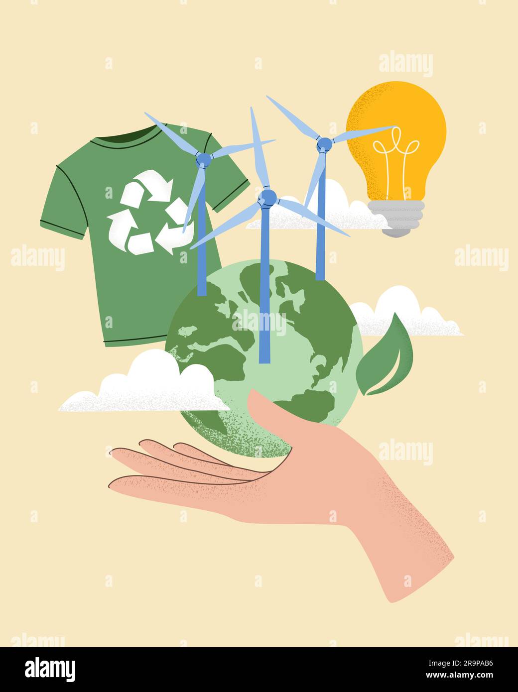 Vector illustration of human hand holding Earth globe, wind power plant ...