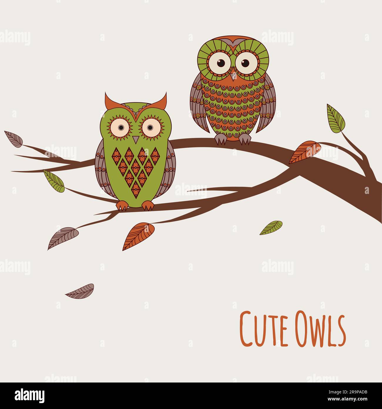 Vector illustration of two cute colorful owls sitting on a branch Stock Vector Image & Art - Alamy