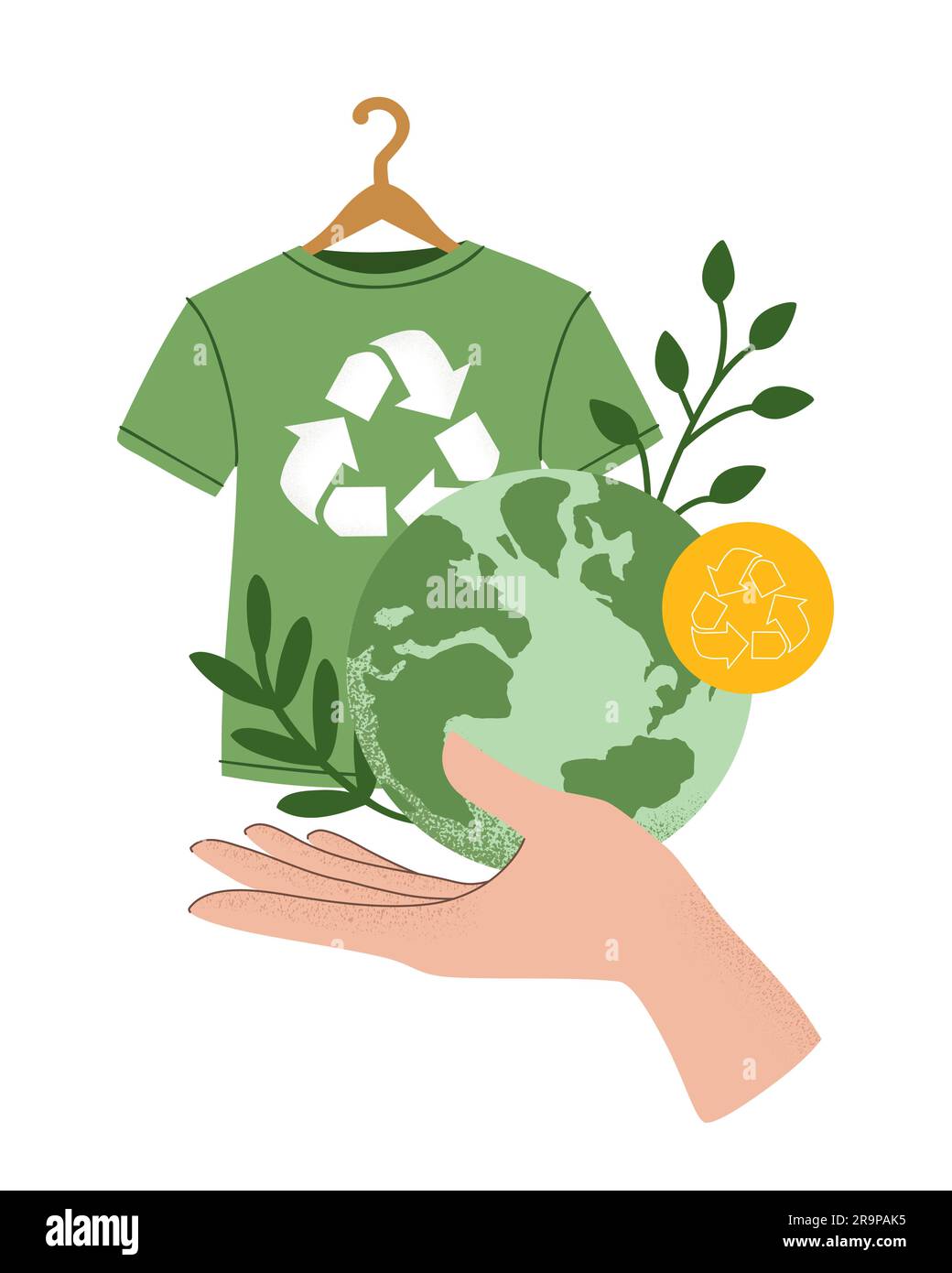 Vector illustration of hand holding green recycling t-shirt, Reuse ...