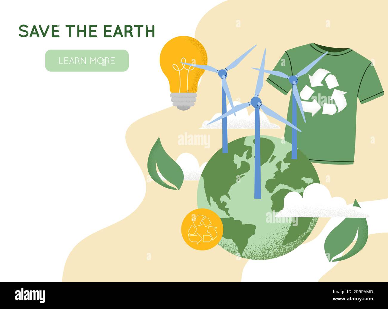 Vector illustration of Earth globe, wind power plant, light bulb, recycling t-shirt, Reduce ...