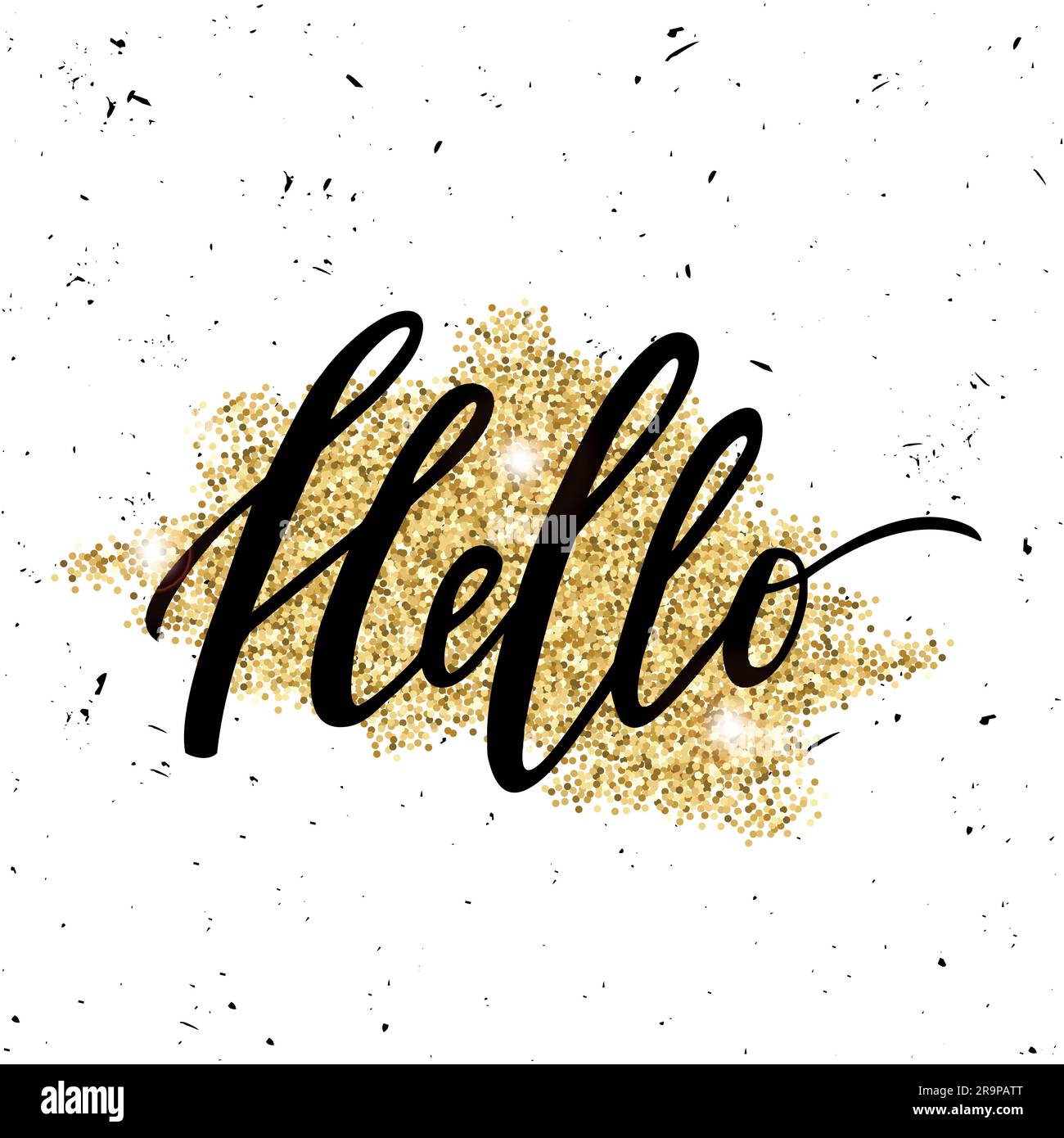 Vector trendy illustration with "Hello" lettering and golden glitter ...