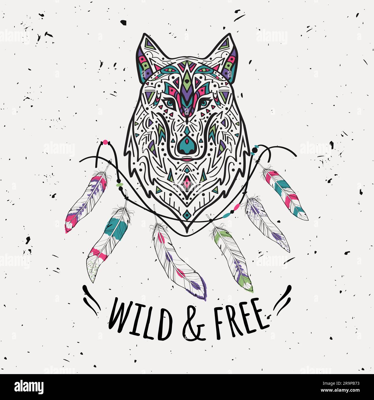 Vector colorful illustration of tribal style wolf with ethnic ornaments ...