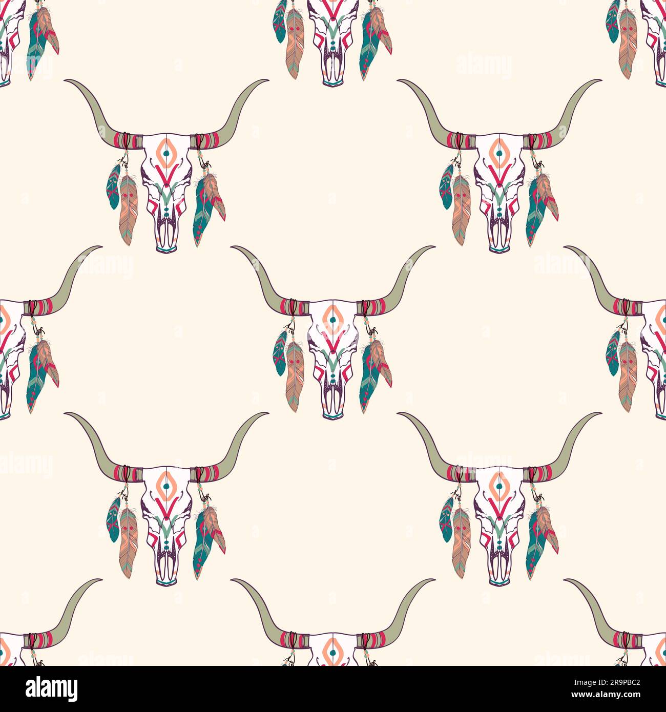 Vector tribal seamless pattern with bull skull and ethnic feathers ...