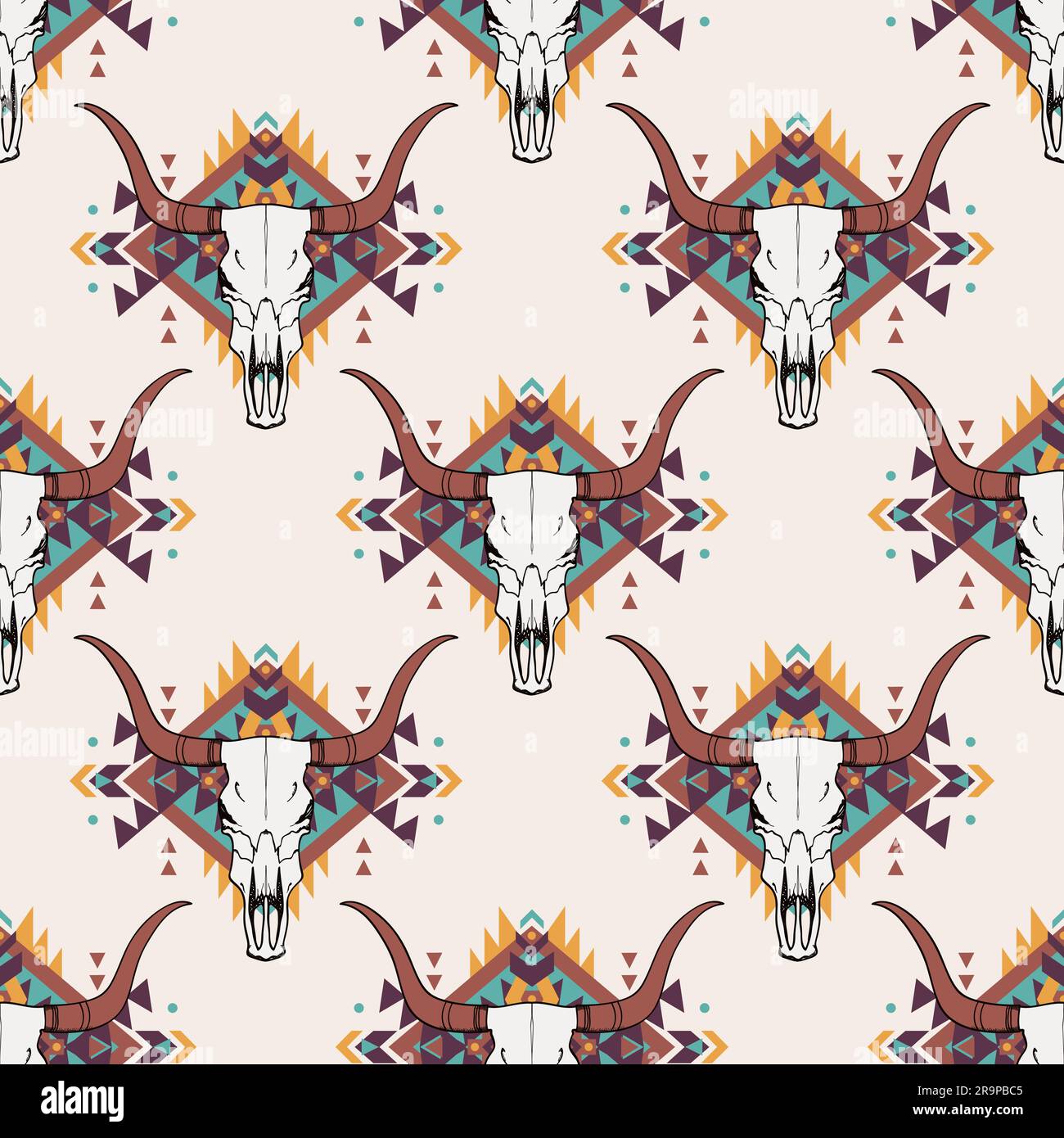Vector tribal seamless pattern with bull skull and decorative ethnic ...