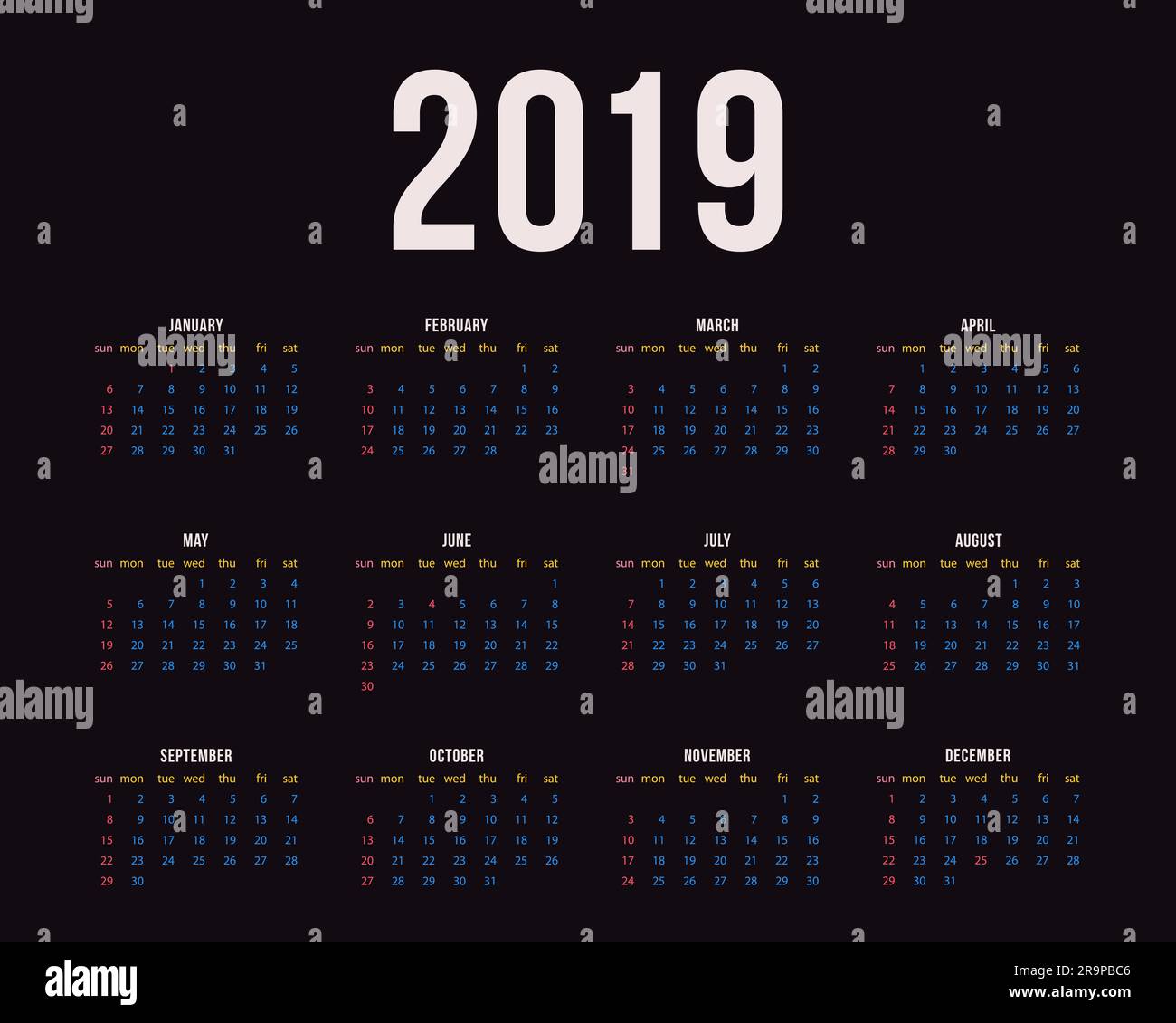 Vector template of calendar 2019. Week starts from Sunday Stock Vector ...