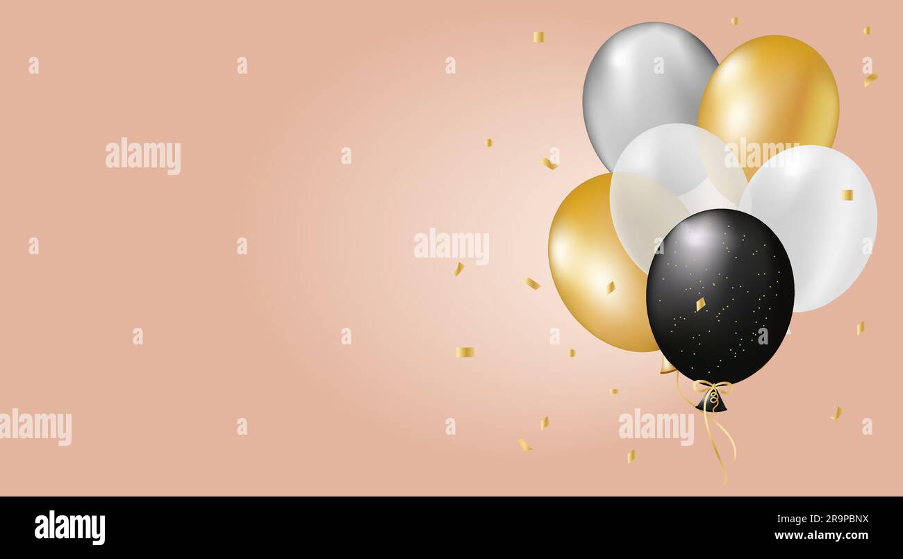 Festive design with realistic gold and black balloons, shiny confetti ...