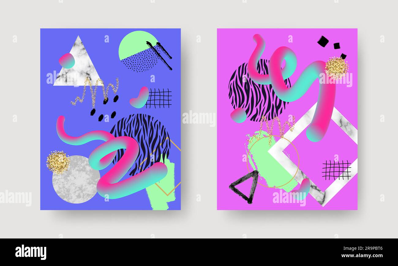 Abstract contemporary art posters with marble stones, doodle textures ...