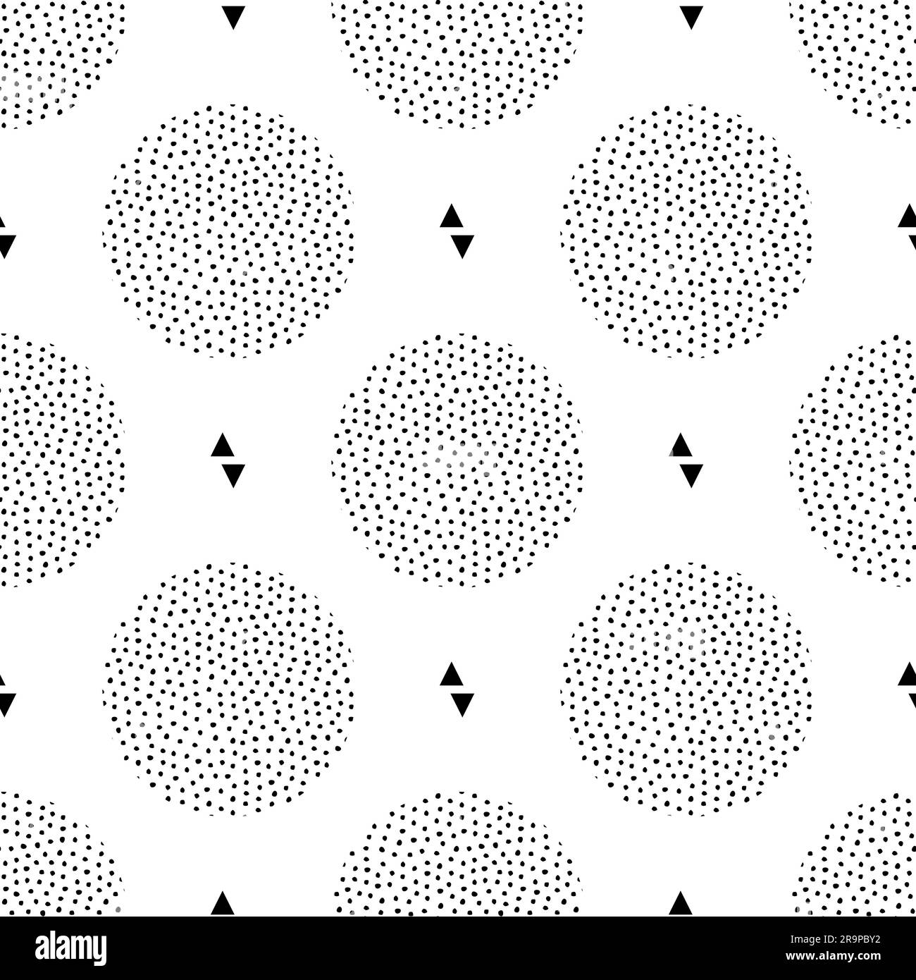 Vector seamless pattern with round dotted elements and triangles. Trendy memphis background ...
