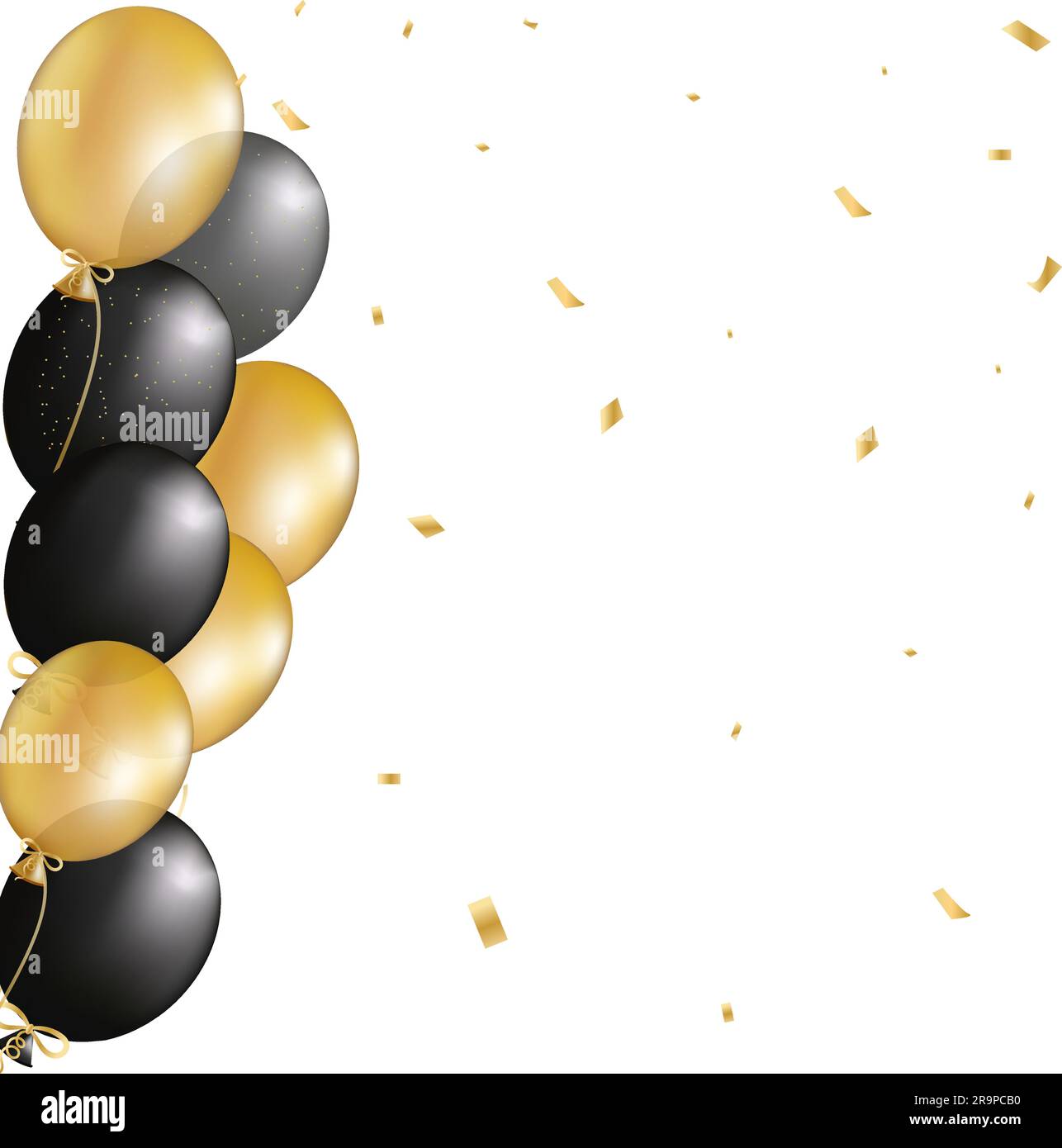 Festive design with realistic gold and black balloons, shiny confetti ...