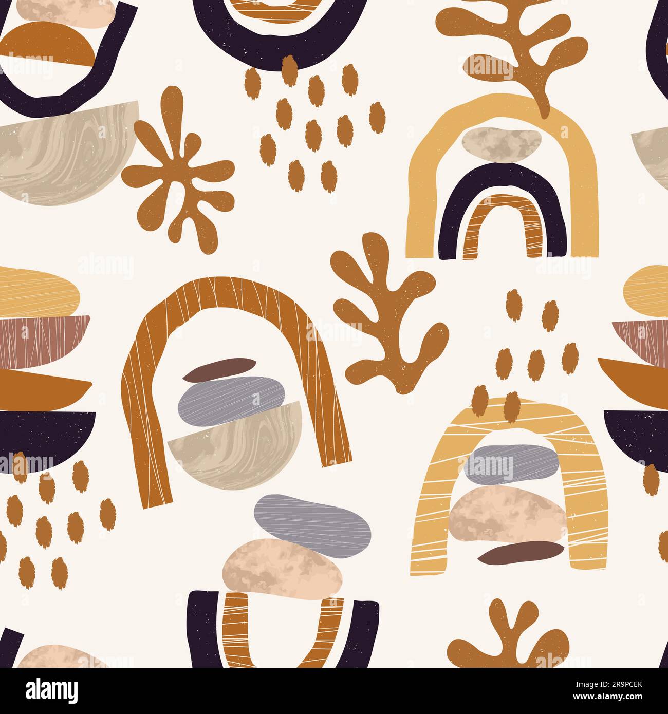 Vector contemporary seamless pattern with aesthetic hand drawn abstract plants, forms, stone ...