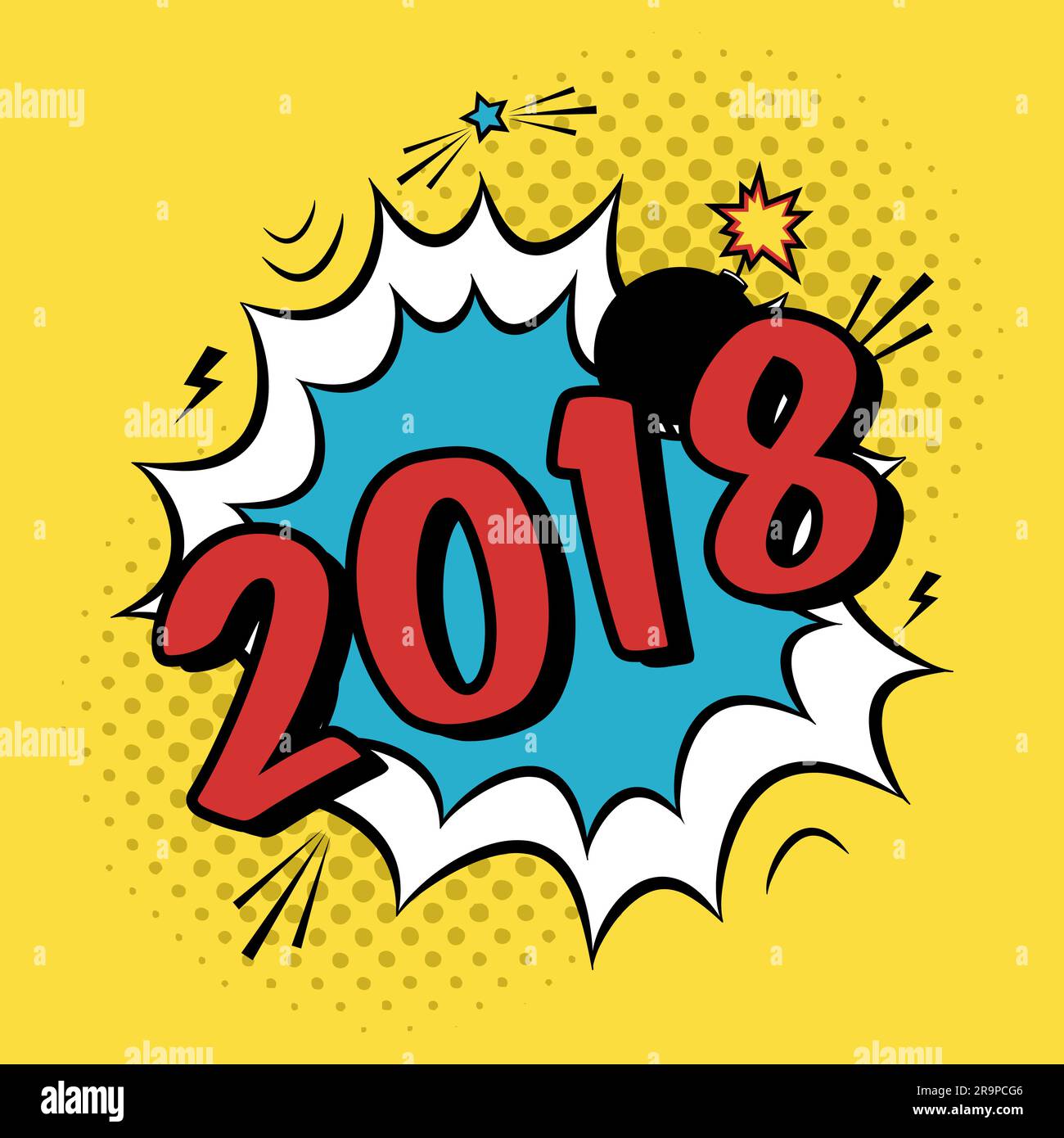 Vector colorful poster 2018 in pop art style with bomb explosive ...