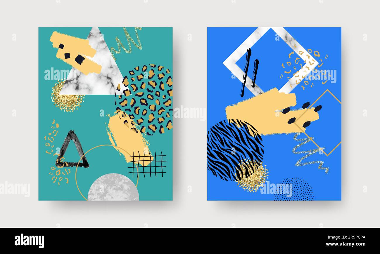 Abstract contemporary art posters with marble stones, doodle textures ...