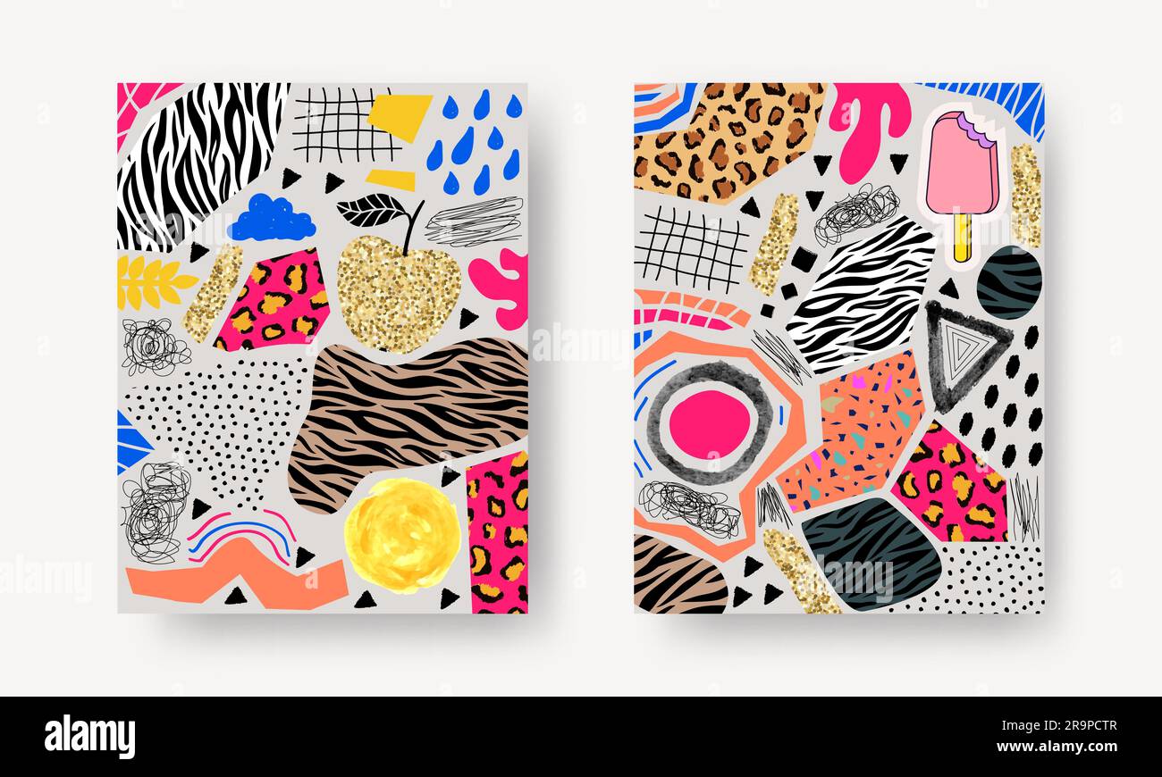 Abstract contemporary art posters with patchwork, plants, animal ...