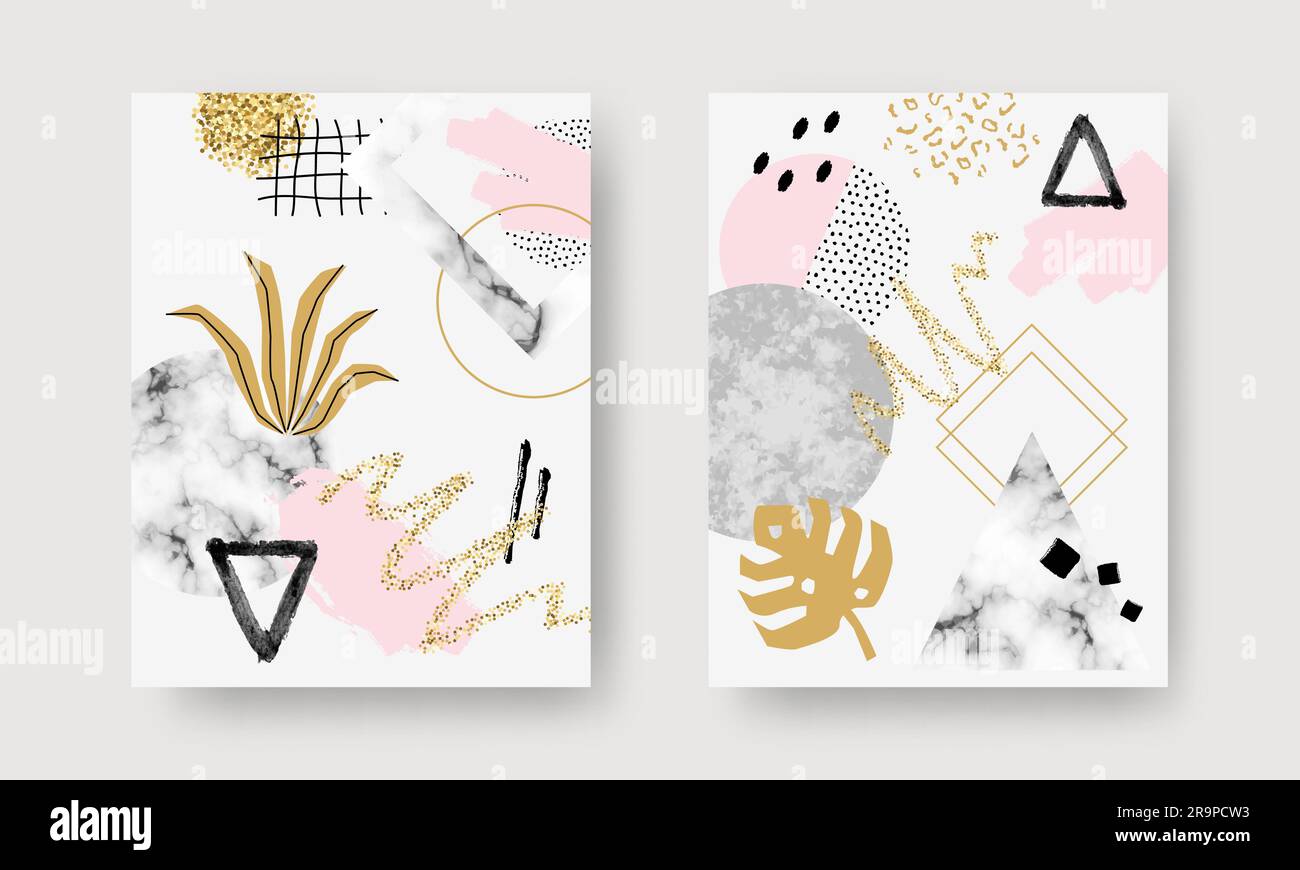 Abstract contemporary art posters with marble stones, doodle textures ...