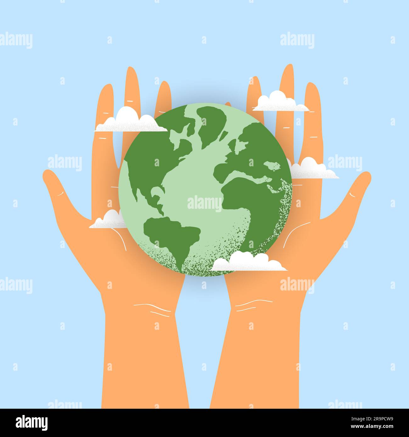 Vector Illustration Of Human Hands Holding Earth Globe With Clouds