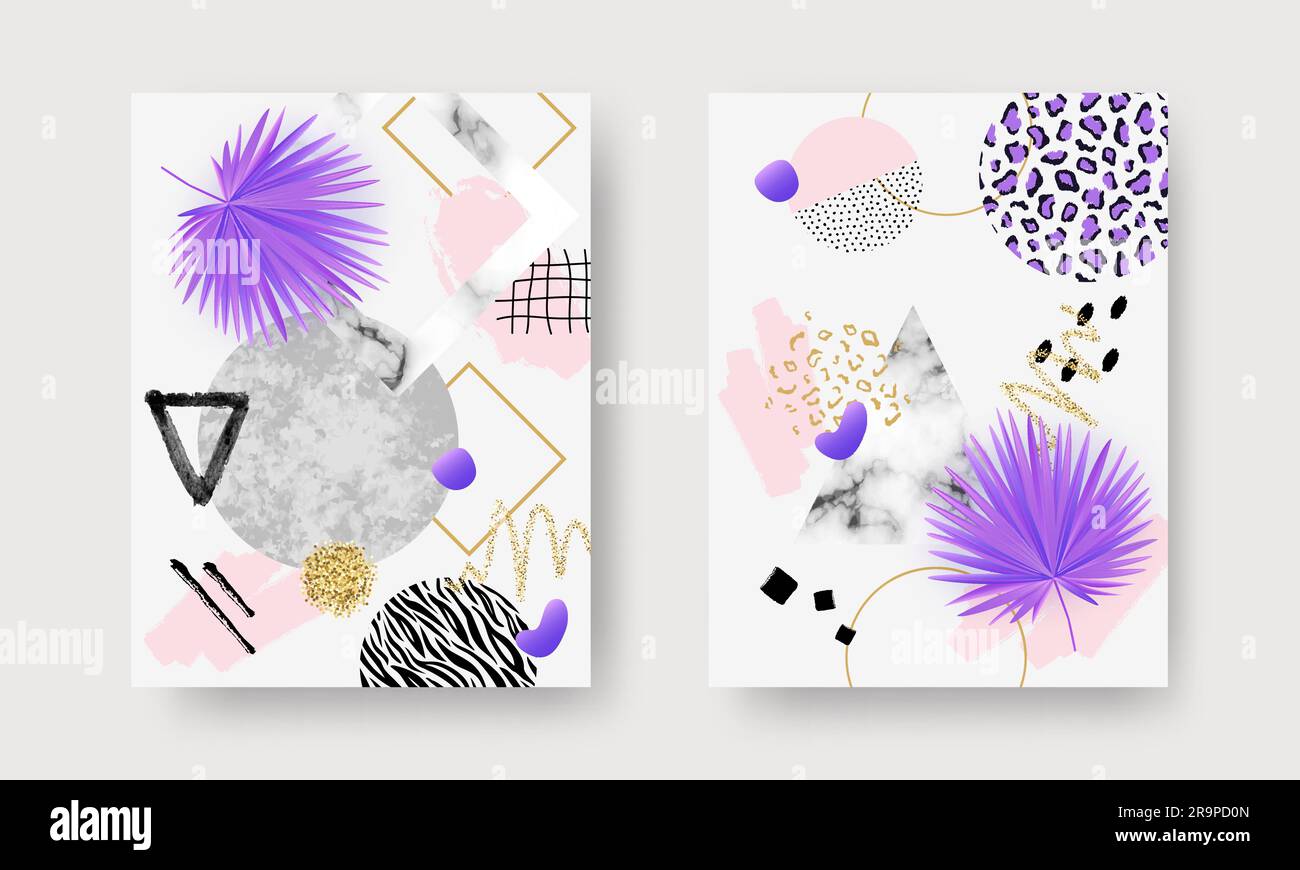 Abstract contemporary art posters with marble stones, doodle textures ...