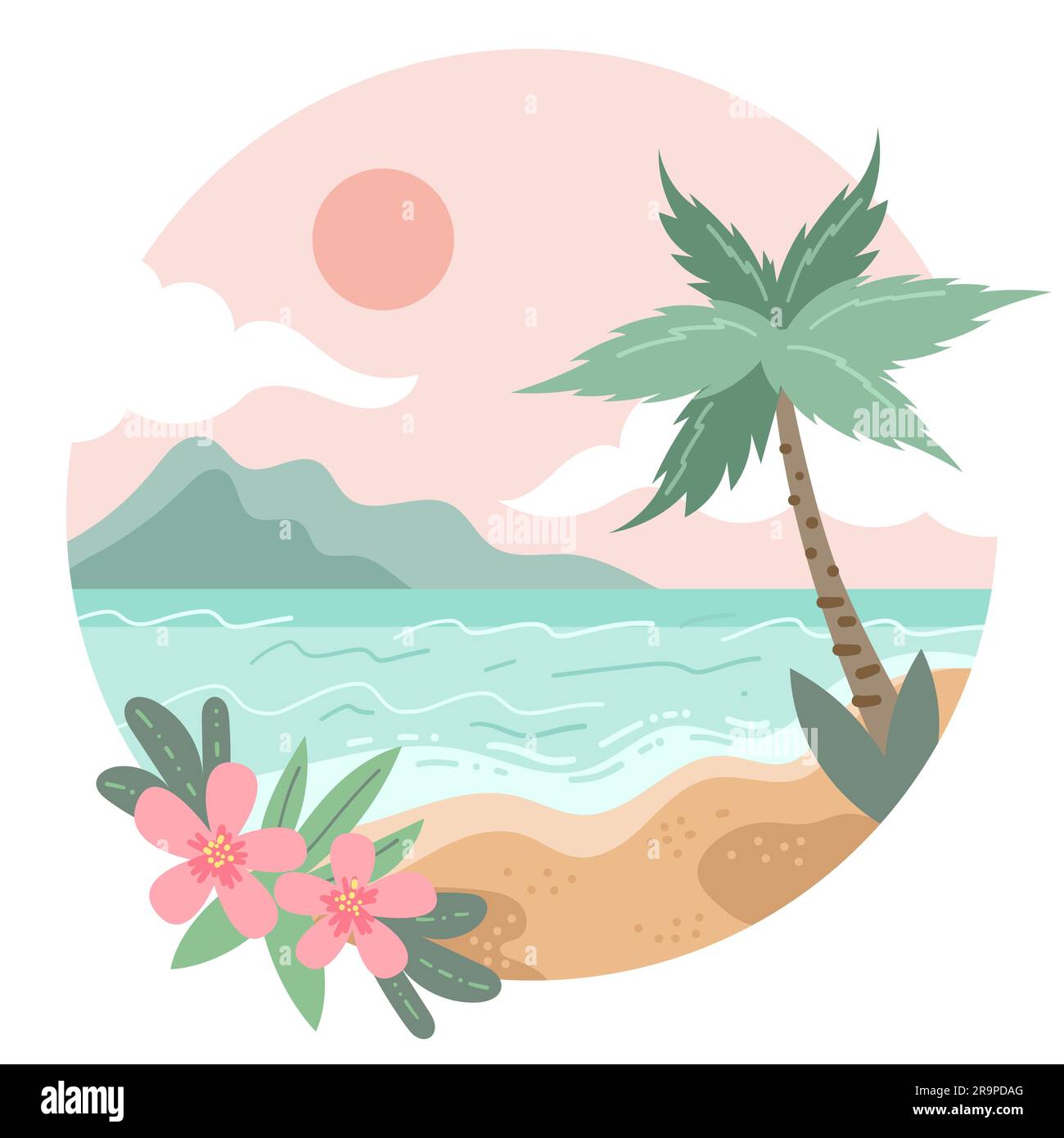 Tropical beach scene with palm tree and flowers, hand drawn colorful ...
