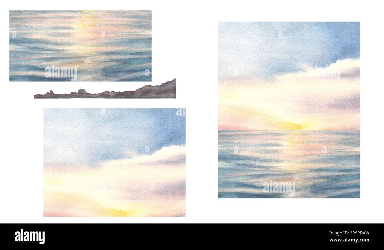 Watercolor landscape illustration Set Hand drawn background sunset on ...
