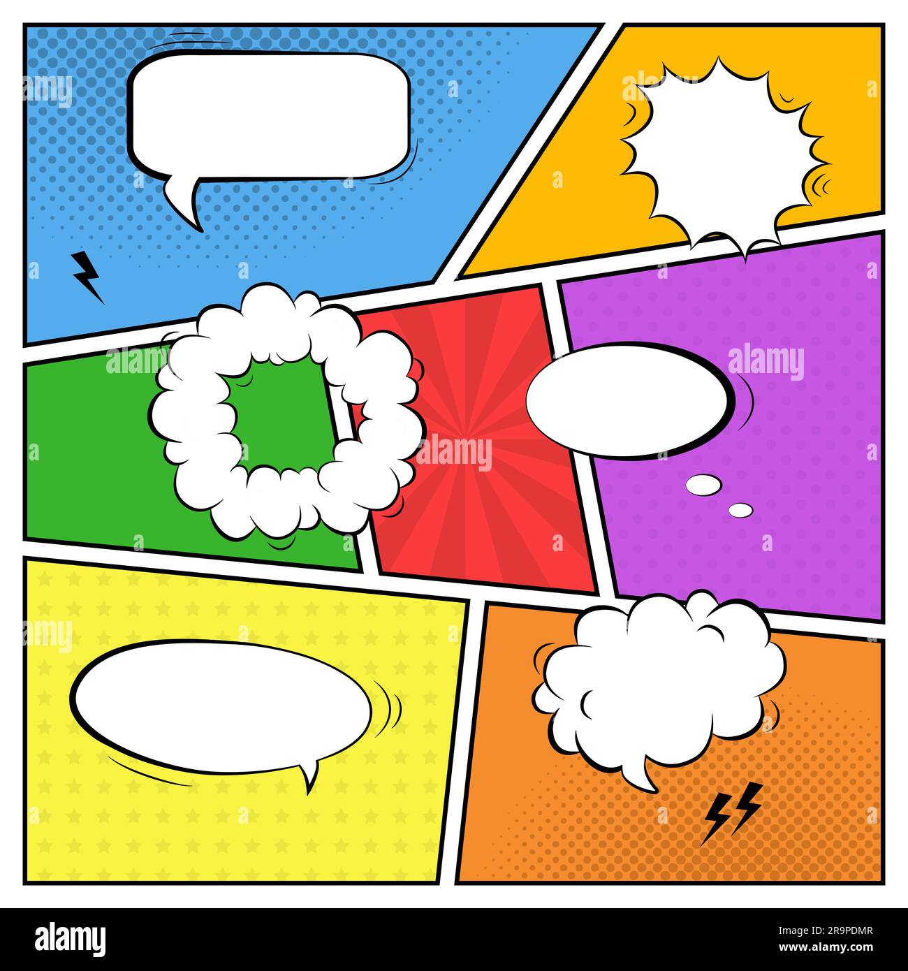 Vector colorful template of comic book page with various speech bubbles ...