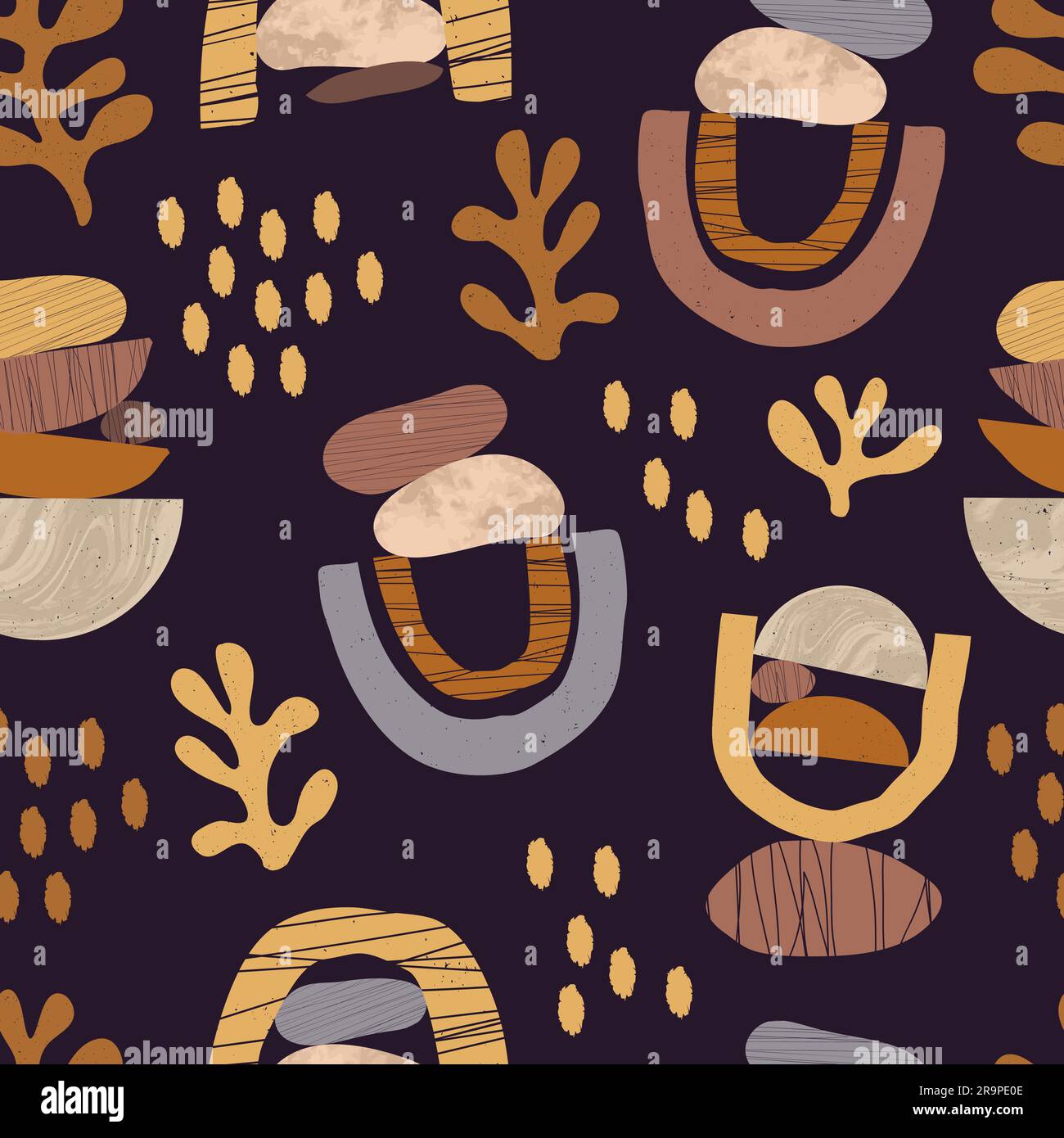 Vector contemporary seamless pattern with aesthetic hand drawn abstract plants, forms, stone ...