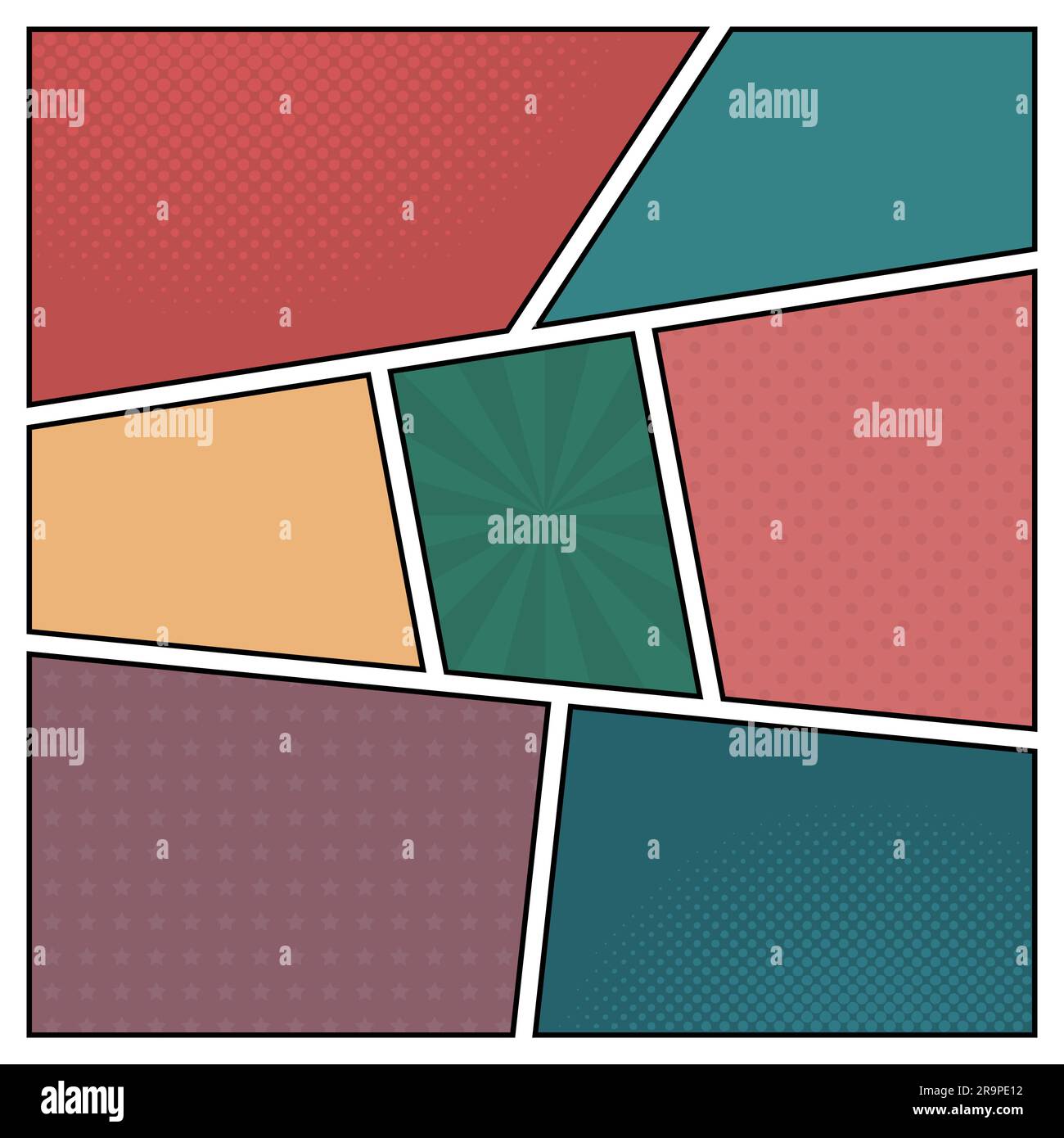 Vector colorful template of retro comic book page with rays, stars ...