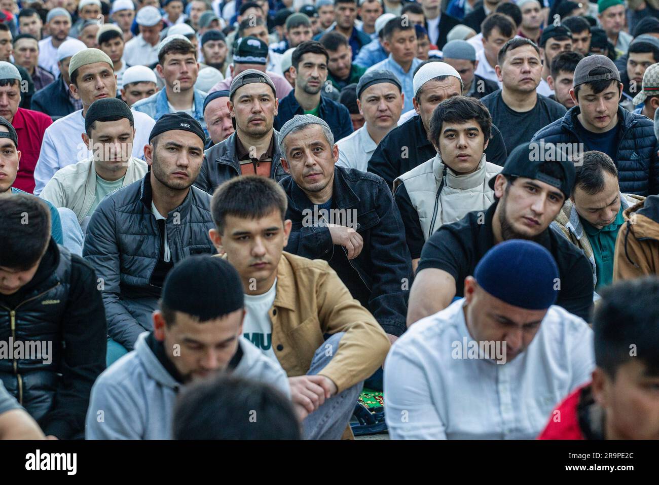 St. Petersburg, Russia. 28th June, 2023. Muslims offer their prayers ...