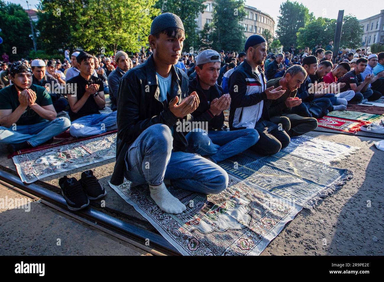 St. Petersburg, Russia. 28th June, 2023. Muslims offer their prayers ...