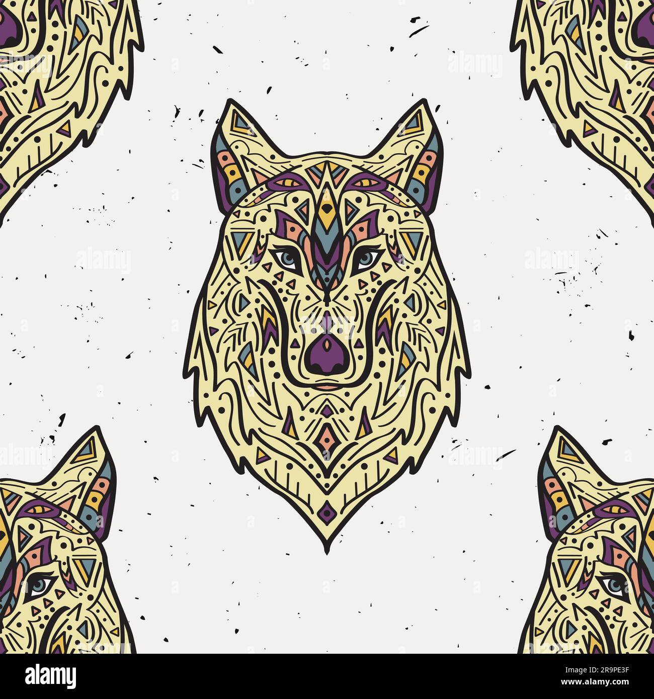 Vector grunge colorful seamless pattern with tribal style wolf with ...