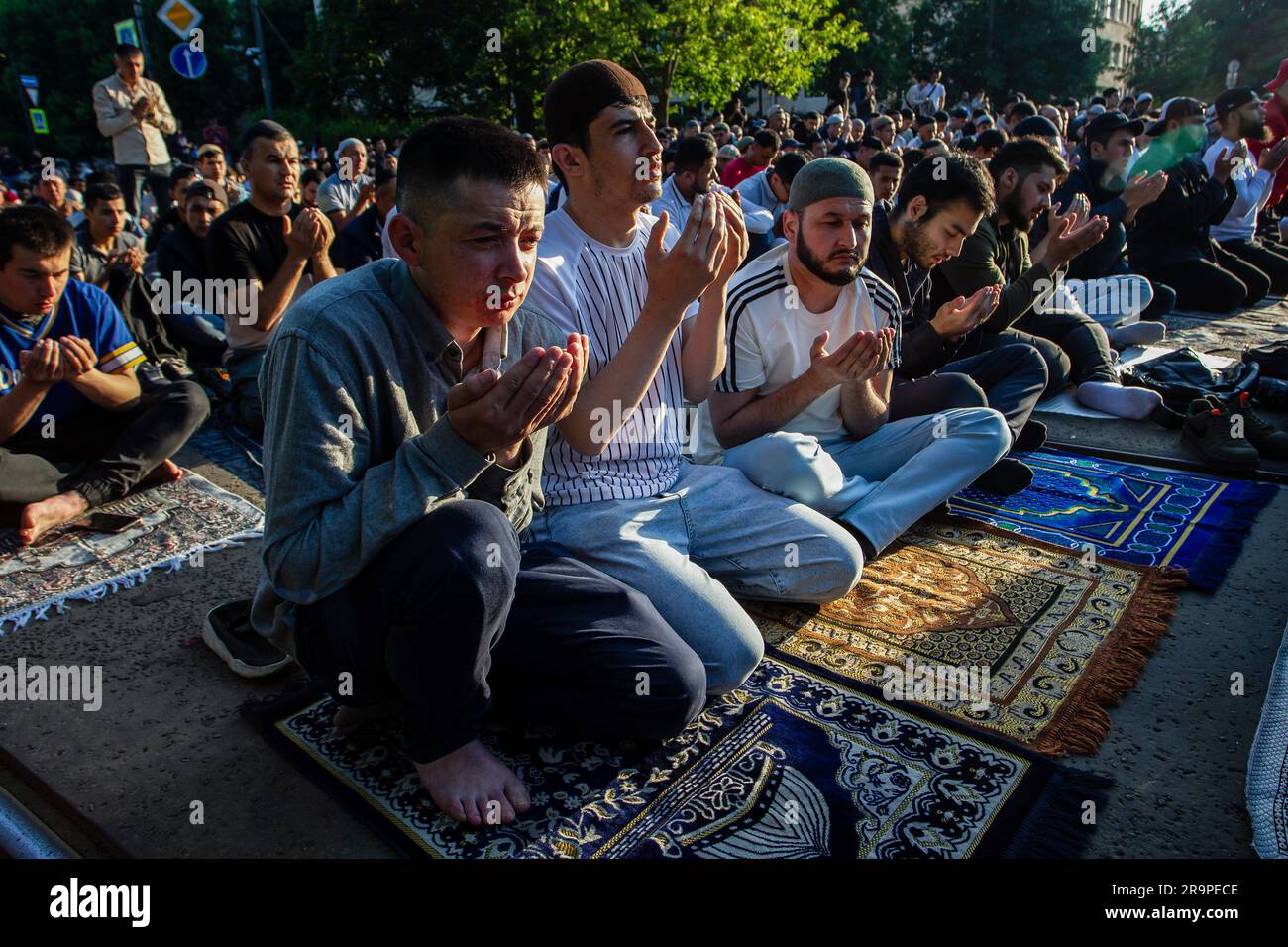St. Petersburg, Russia. 28th June, 2023. Muslims offer their prayers ...
