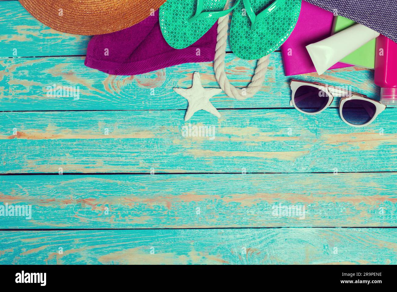 Summer holiday background with beach items Stock Photo - Alamy