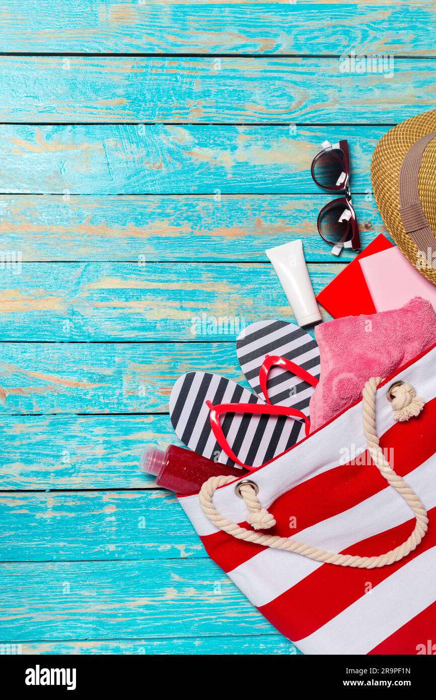 Summer holiday background with beach items Stock Photo - Alamy