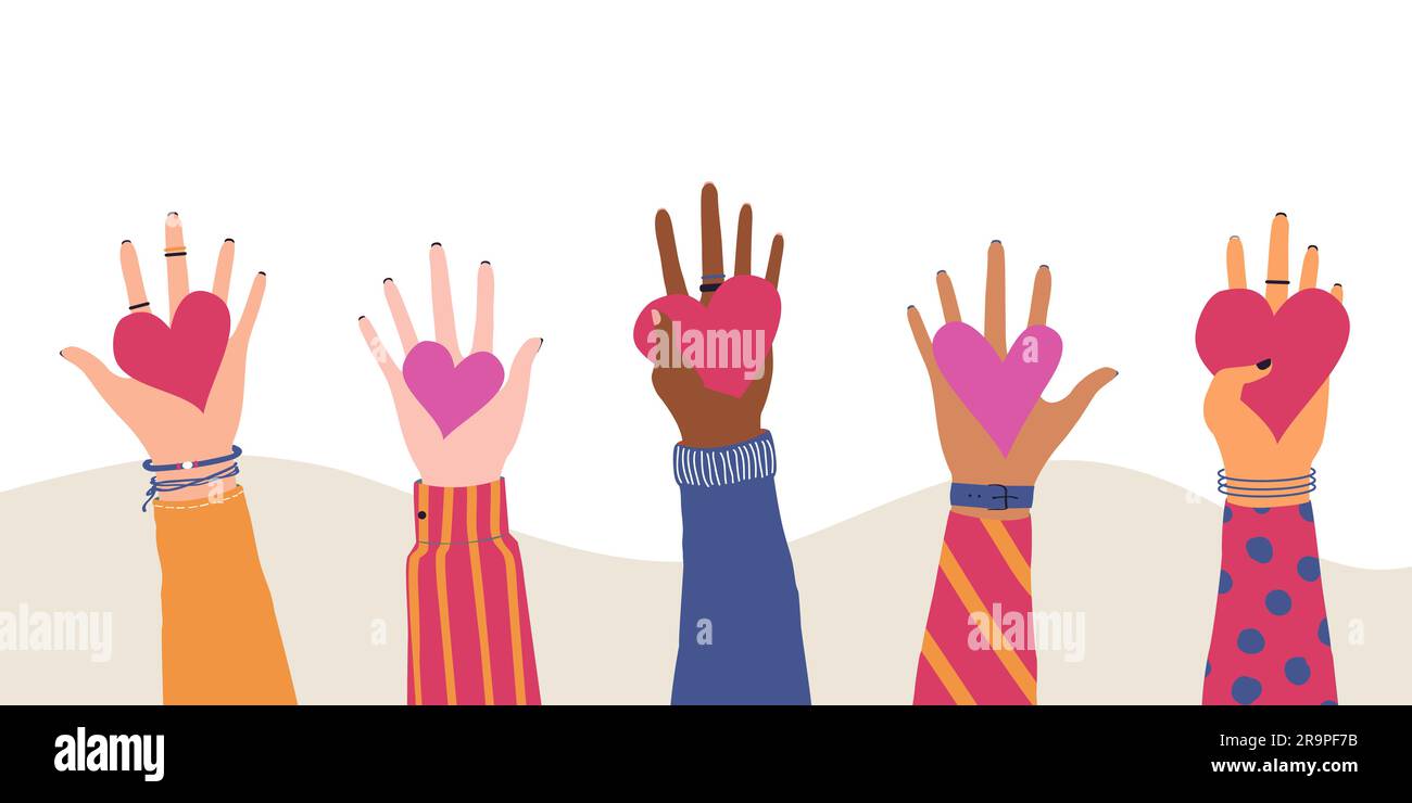 Vector trendy illustration with different hands holding heart. Concept ...