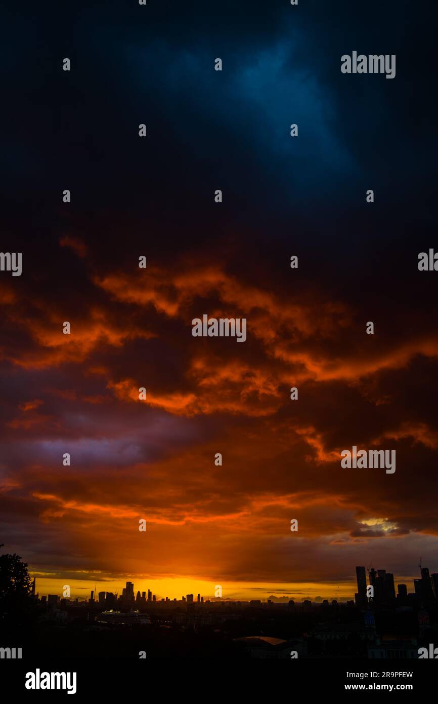 A dramatic summer sunset over the city of London as seen from the ...