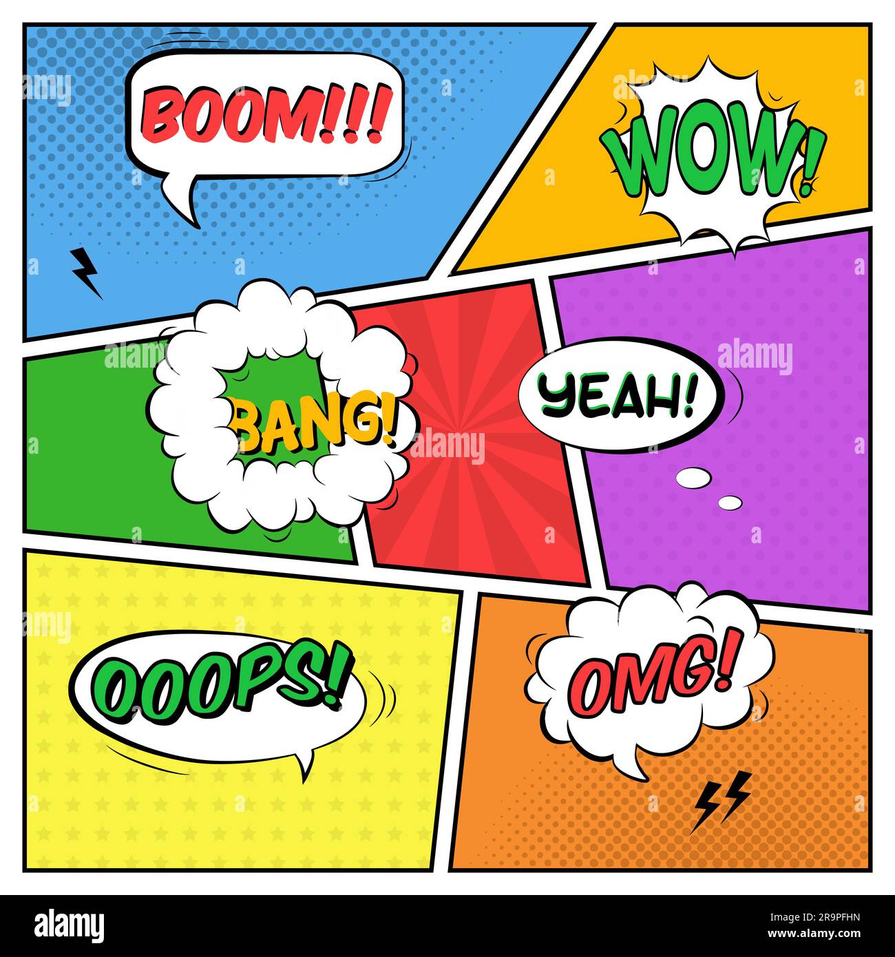 Vector colorful template of comic book page with various speech bubbles ...