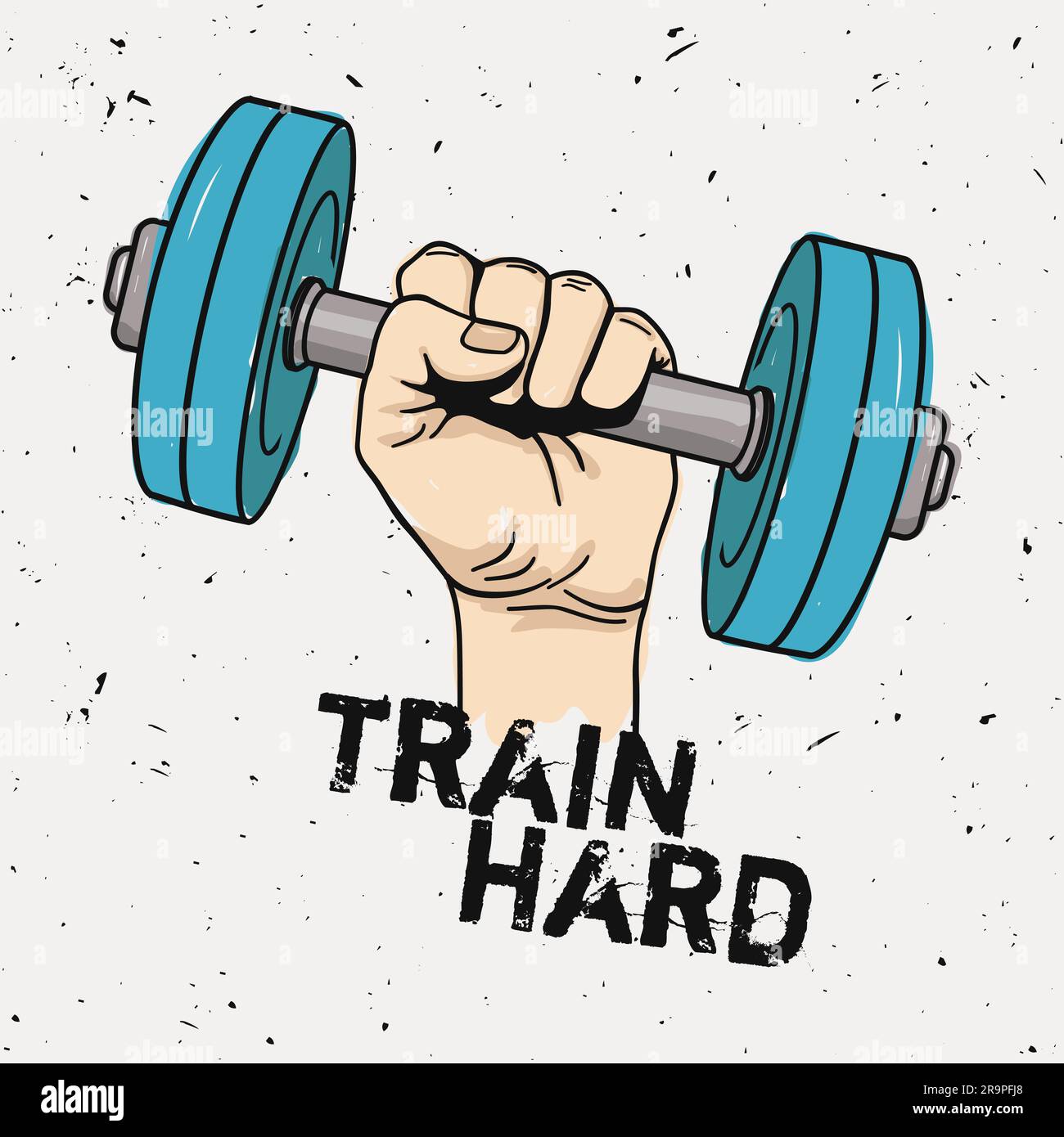 Vector grunge illustration of hand with dumbbell and motivational ...