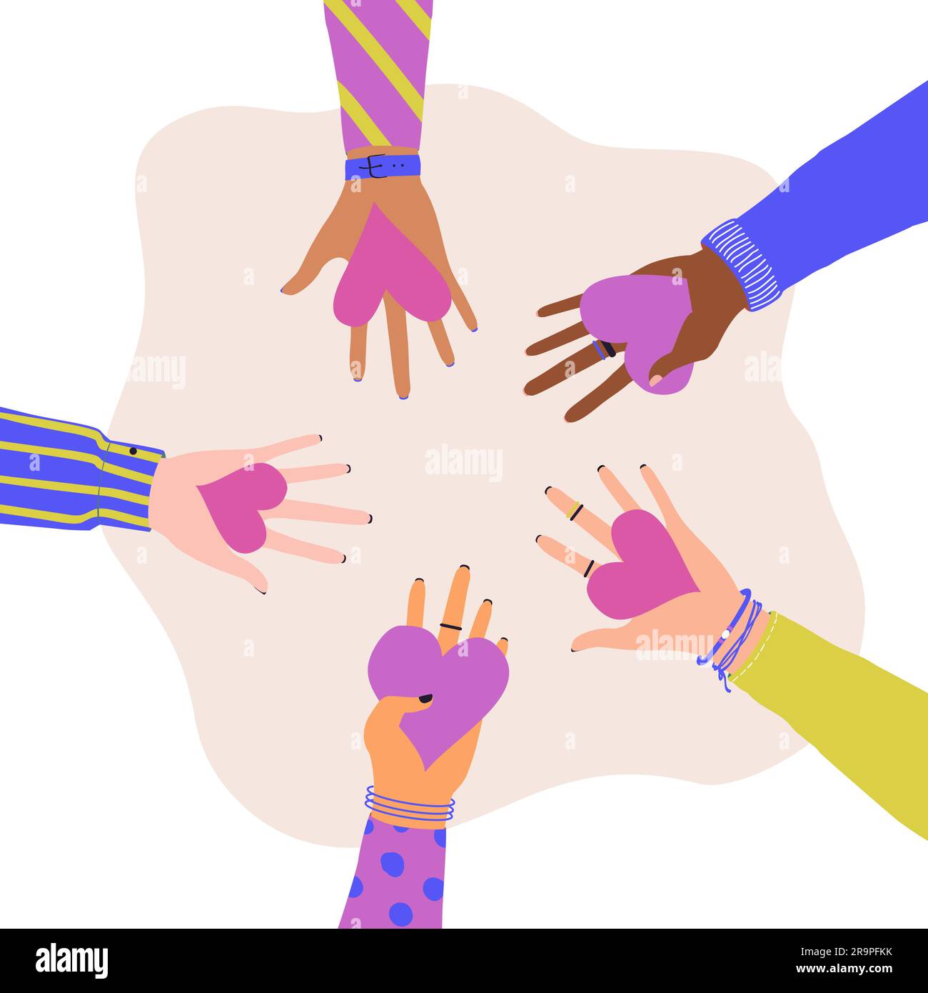Vector trendy illustration with different hands holding hearts. Concept ...
