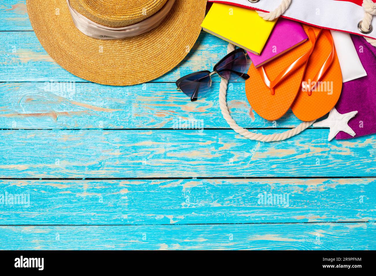 Summer holiday background with beach items Stock Photo - Alamy