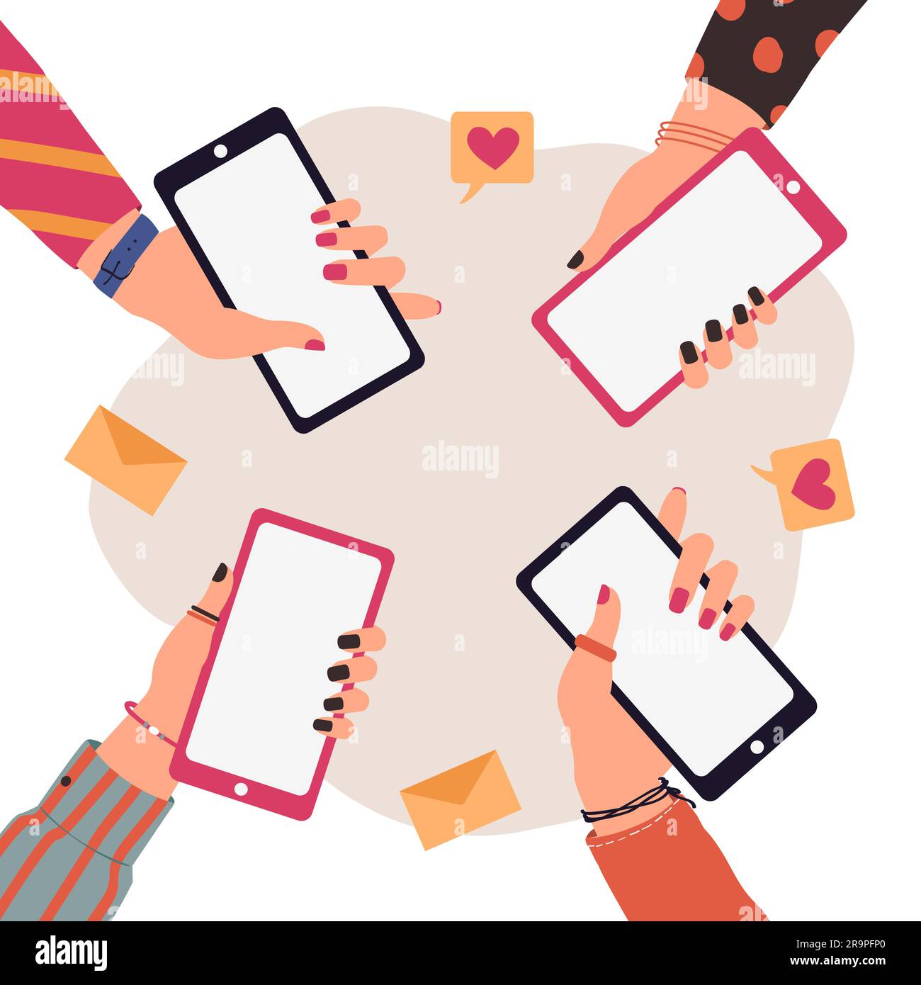 Vector trendy illustration of cartoon people hands using smartphones ...