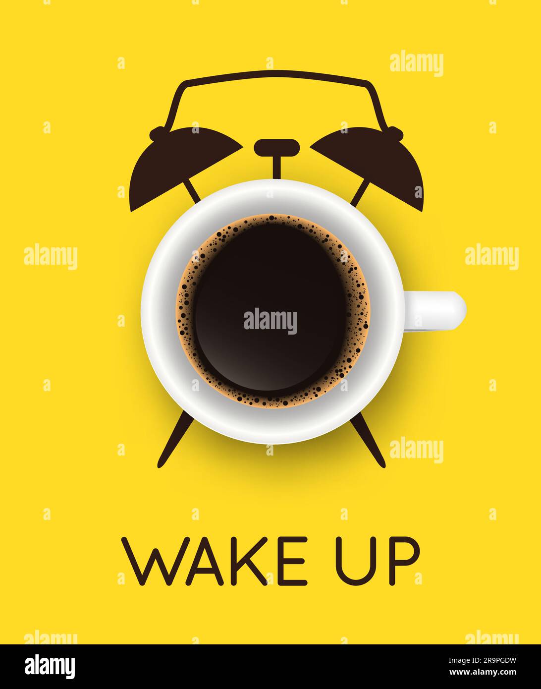 Vector illustration with realistic cup of coffee and hand drawn alarm ...