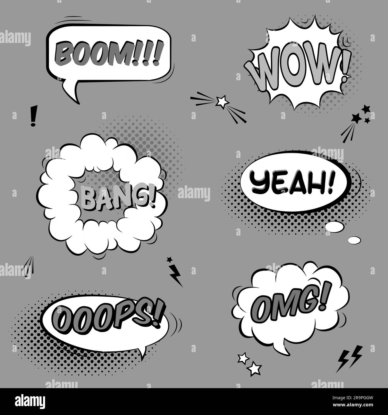 Vector black and white set with comic speech bubbles with sound effects ...