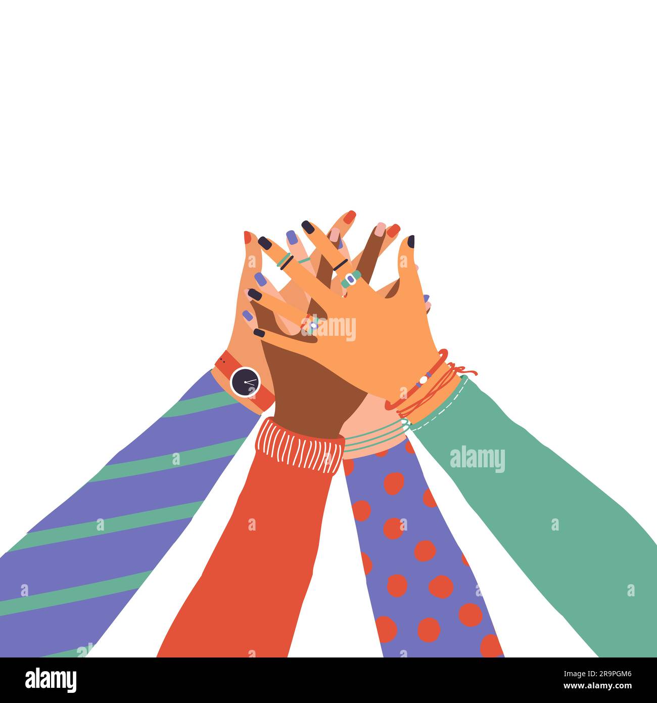 Vector trendy illustration with hands of diverse group of people putting together. Concept of ...