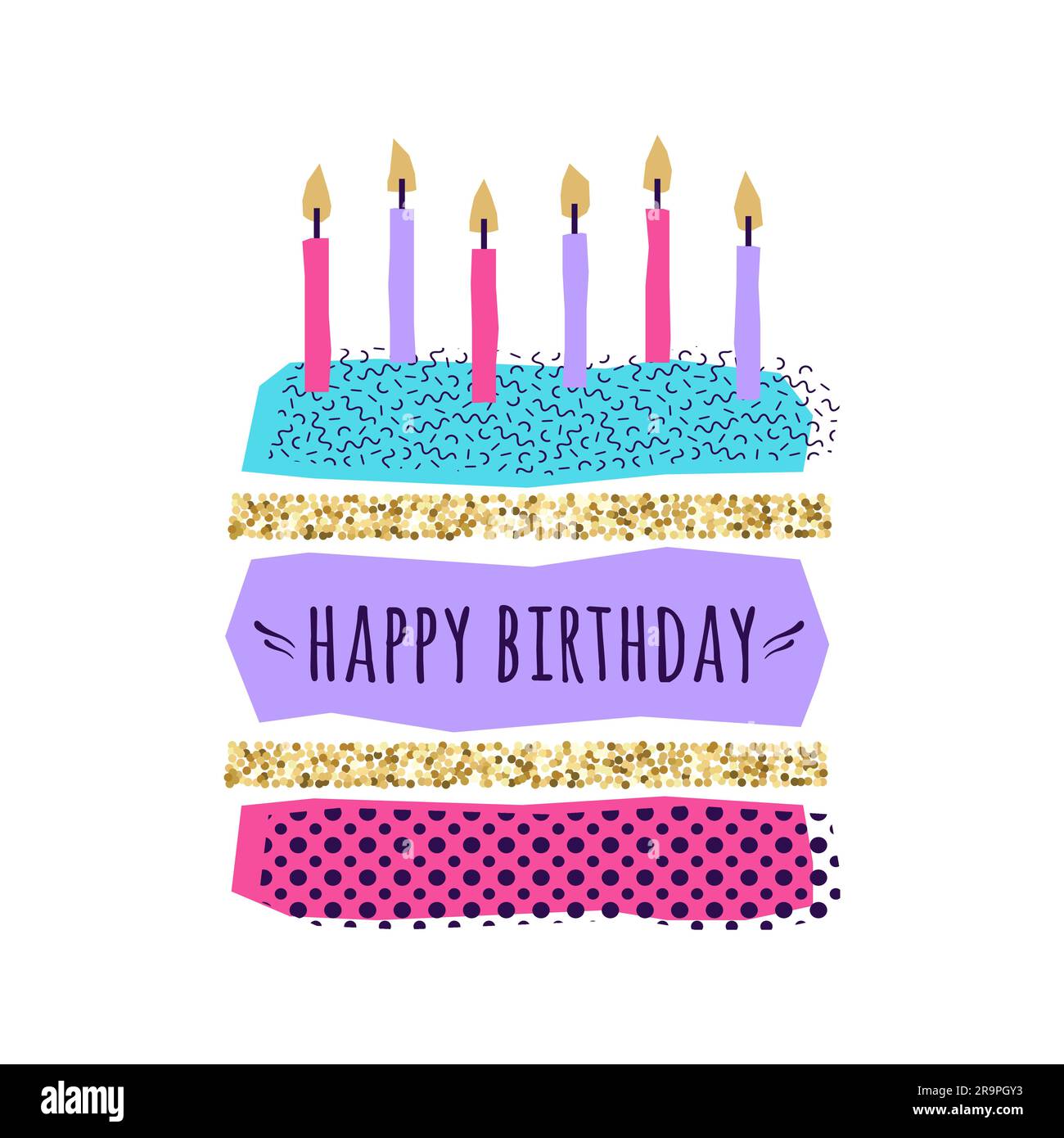 Vector cute Happy Birthday card with cake, candles and geometric ...
