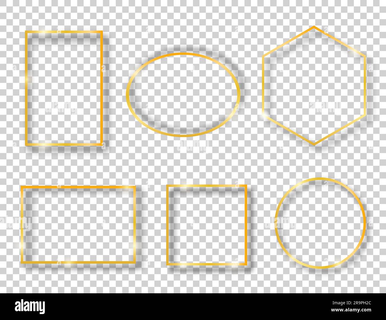 Vector set with golden shiny vintage frames isolated on transparent background. Luxury glowing ...