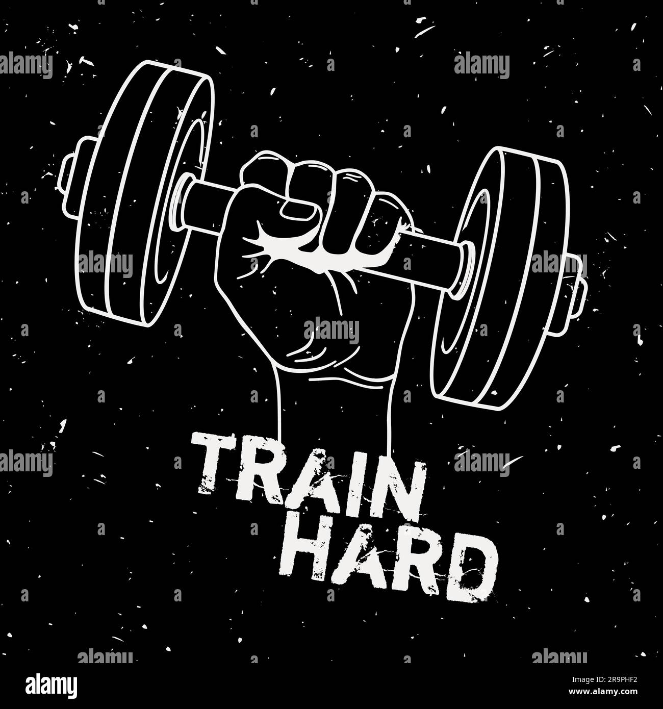 Vector grunge illustration of hand with dumbbell and motivational ...