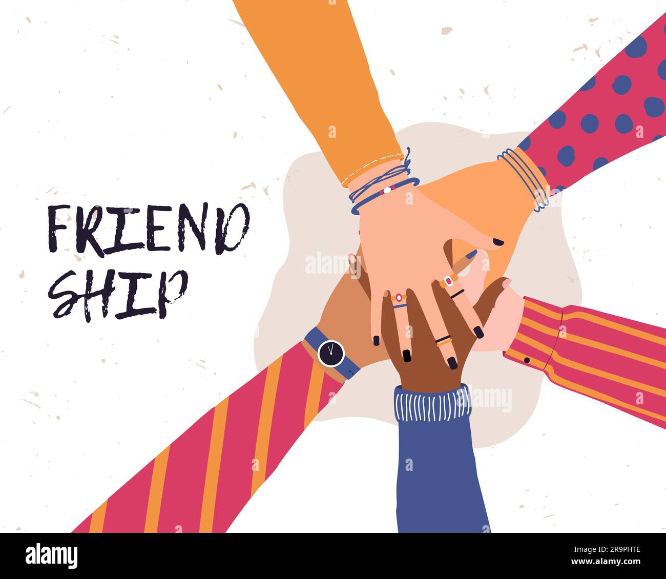 Vector trendy illustration with hands of diverse group of people putting together. Concept of ...